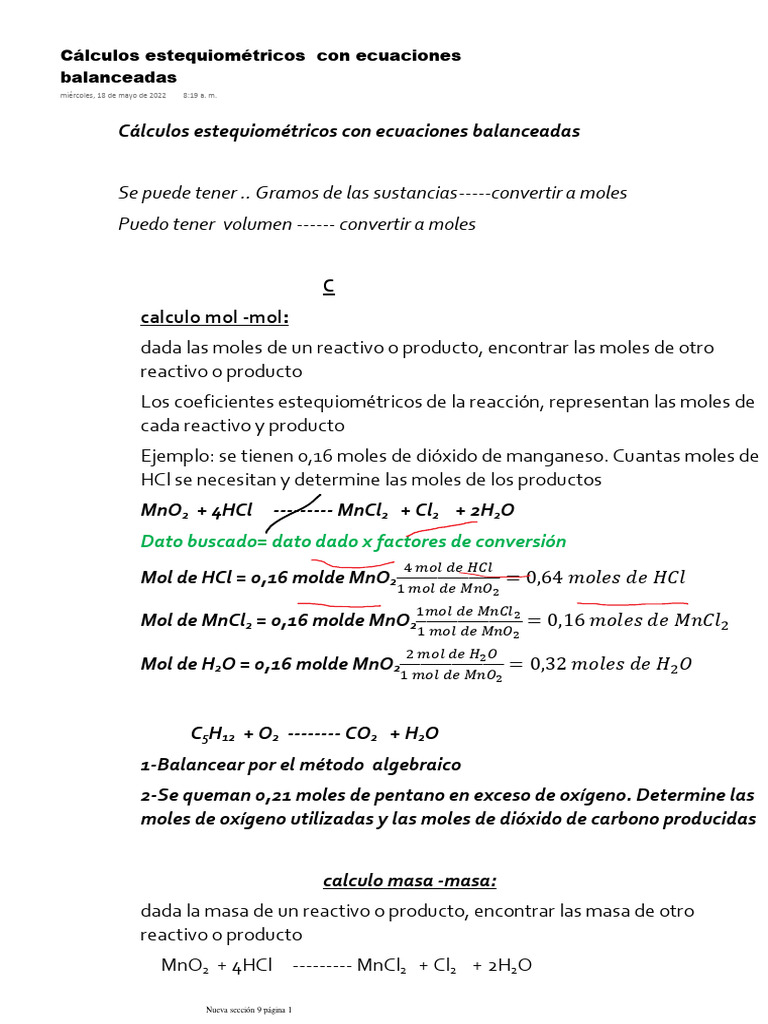 Cálculos estequiométricos con ecuaciones balanceadas | PDF | Estequiometría | Mole (Unidad)