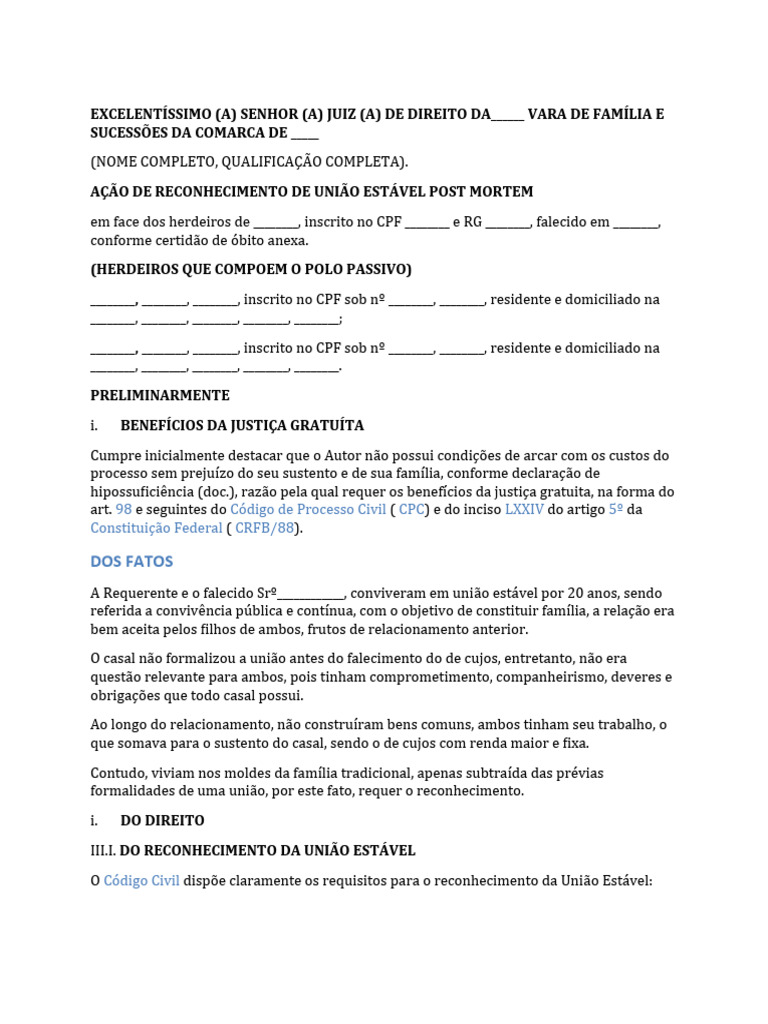 Modelo Reconhecimento Uniao Estavel Post Mortem | Download grátis PDF ...