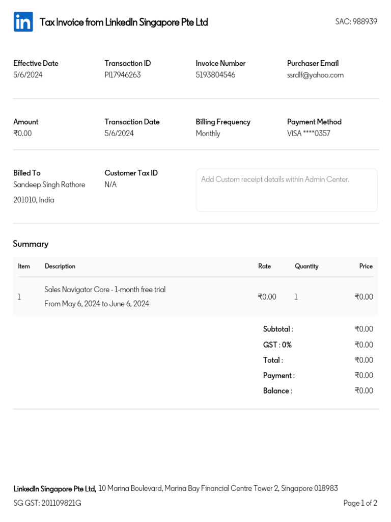 LNKD Invoice 5193804546 | PDF | Value Added Tax | Invoice