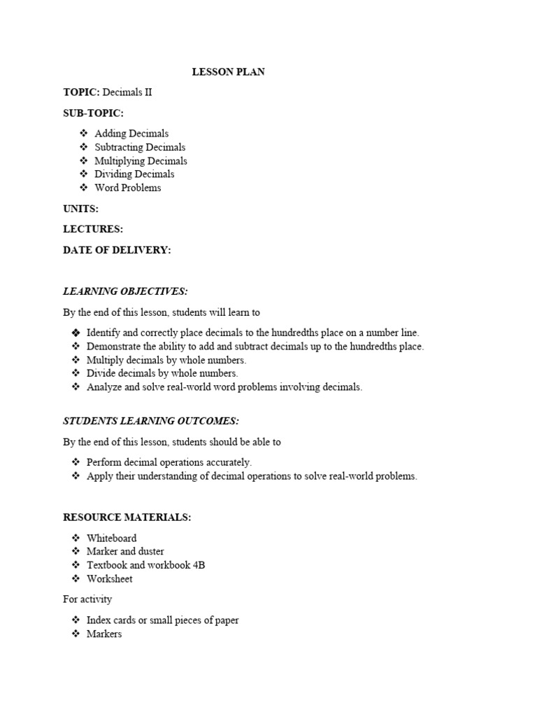Lesson Plan of Decimals II | PDF | Decimal | Multiplication