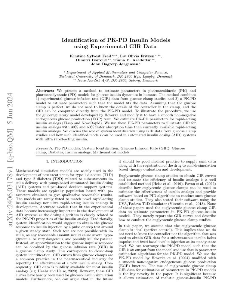 Identification of PK-PD Insulin Models using Experimental GIR Data ...