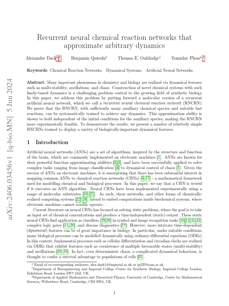 Recurrent Neural Chemical Reaction Networks That Approximate Arbitrary Dynamics | PDF | Reaction ...