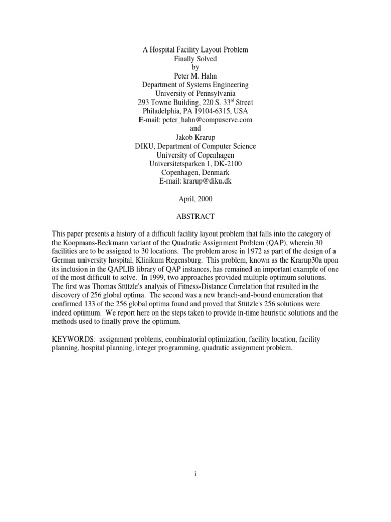 A Hospital Facility Layout Problem - Finally Solved | PDF | Mathematical Optimization | Applied ...