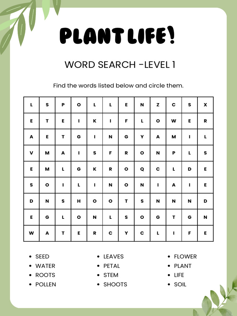 Science Plant Life Cycle Word Search Worksheet in White Green Nature ...