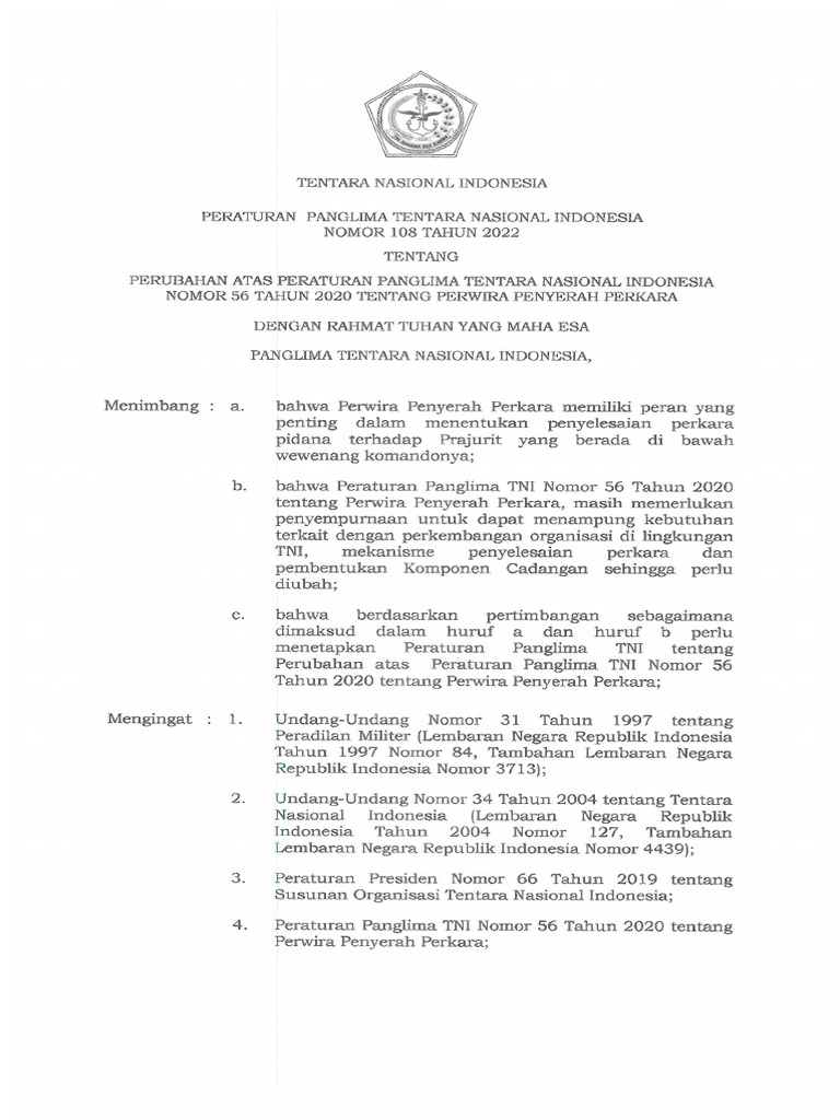 Perpang TNI 108 THN 2022 TTG Kepaperaan | PDF