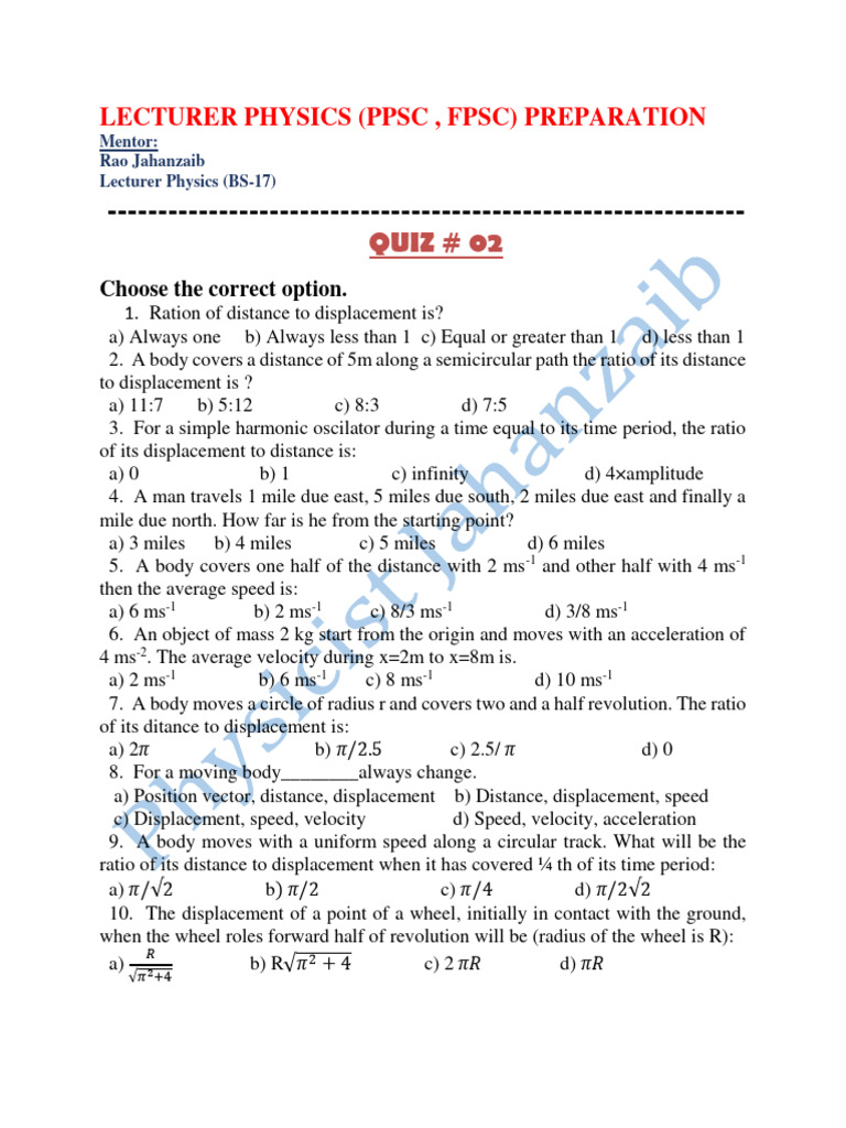 Quiz # 2 Distance Vs Displacement, Speed Vs Velocity-1 | PDF | Science ...
