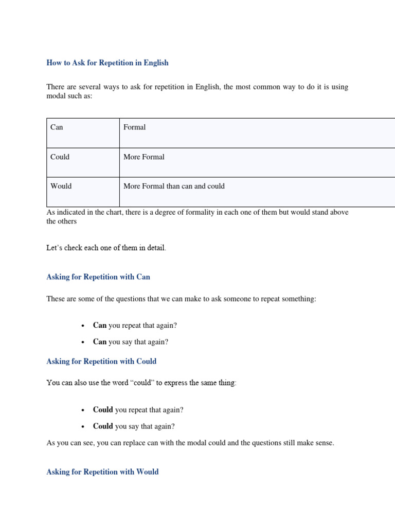 How to Ask for Repetition in English | PDF | English Language | Question