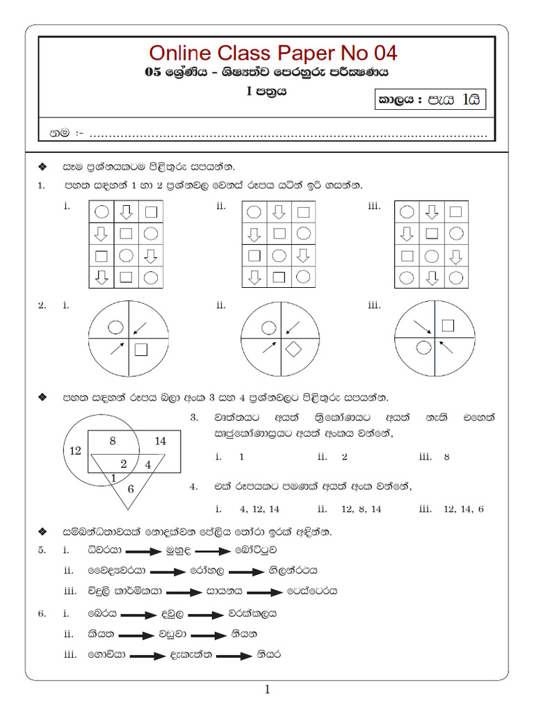 Grade 05 Examination for Grade Five Students Model Paper 04 – i | PDF