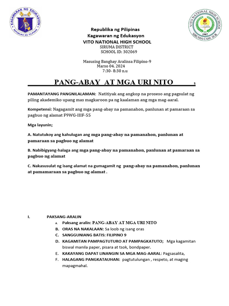 Lesson Plan Pang Abay | PDF