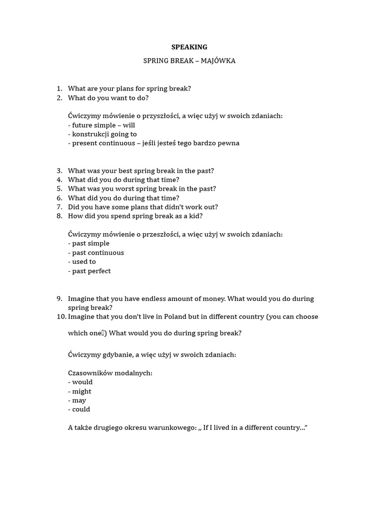 SPEAKING SPRING BREAK | PDF