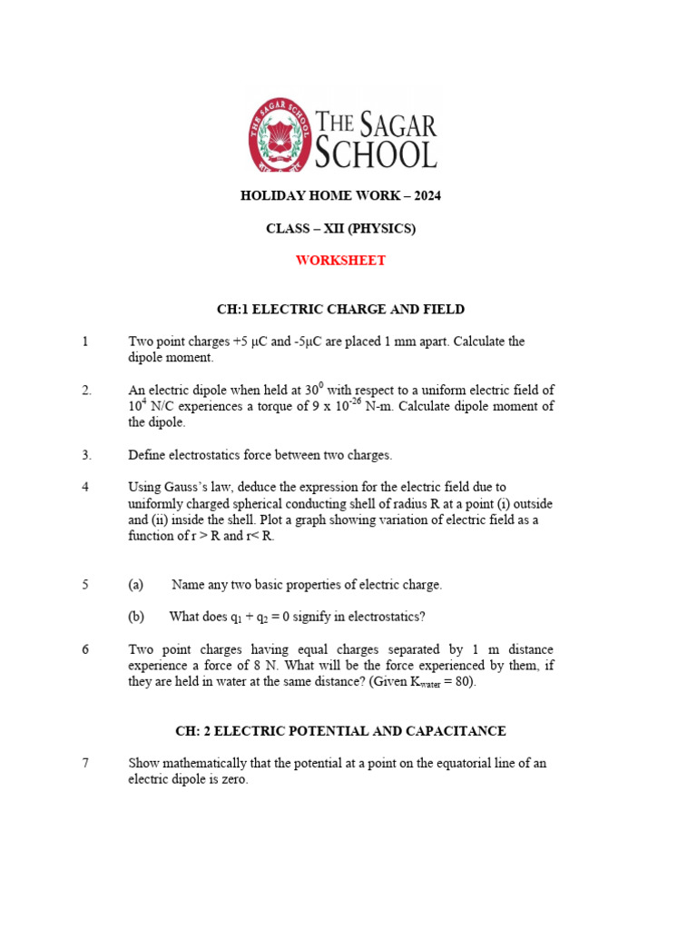 Phy Worksheet | Download Free PDF | Electric Field | Dipole