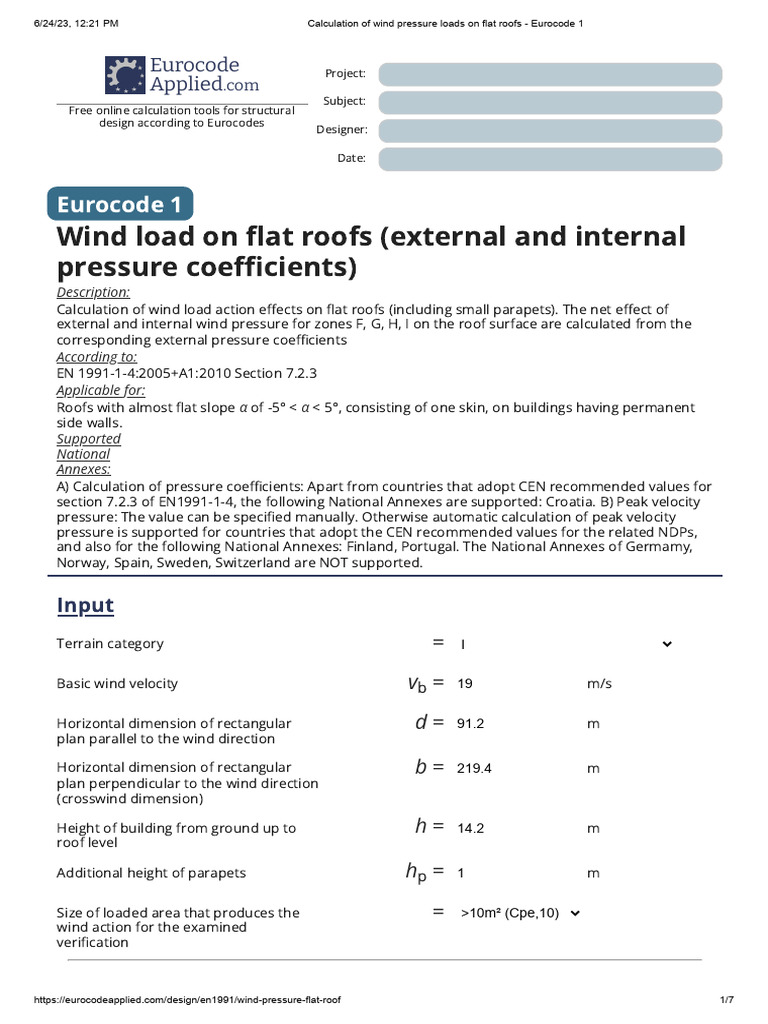 Calculation of Wind Pressure Loads On Flat Roofs - Eurocode 1454 | PDF ...