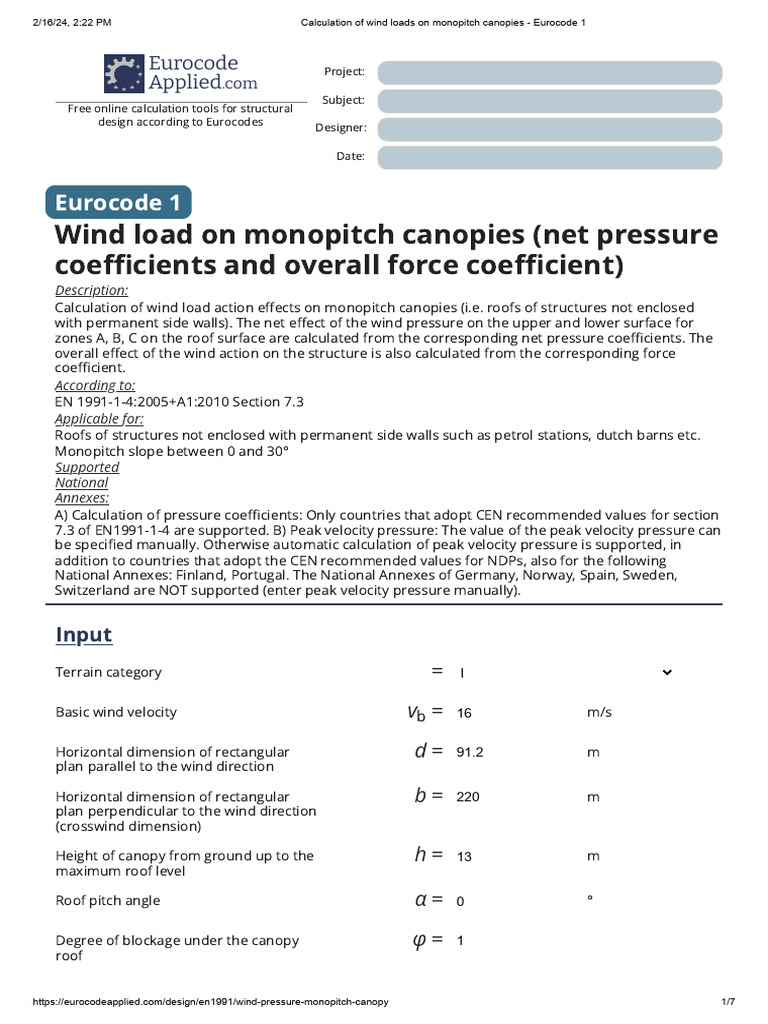 Calculation of Wind Loads On Monopitch Canopies - Eurocode 1 - 56 | PDF ...
