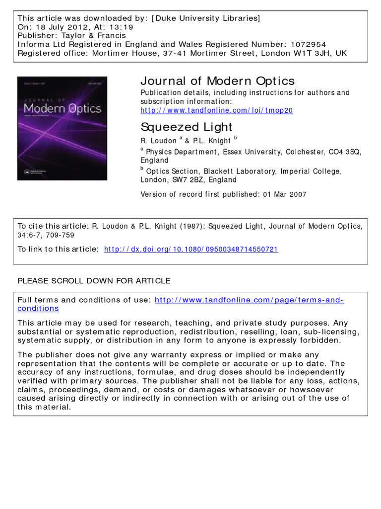 Squeezed Light: Quantum Noise and Applications | PDF | Coherence ...