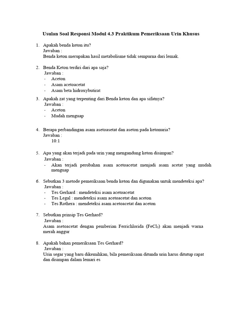 Usulan Soal Responsi Modul 4.3 Pemeriksaan Urin Khusus | PDF