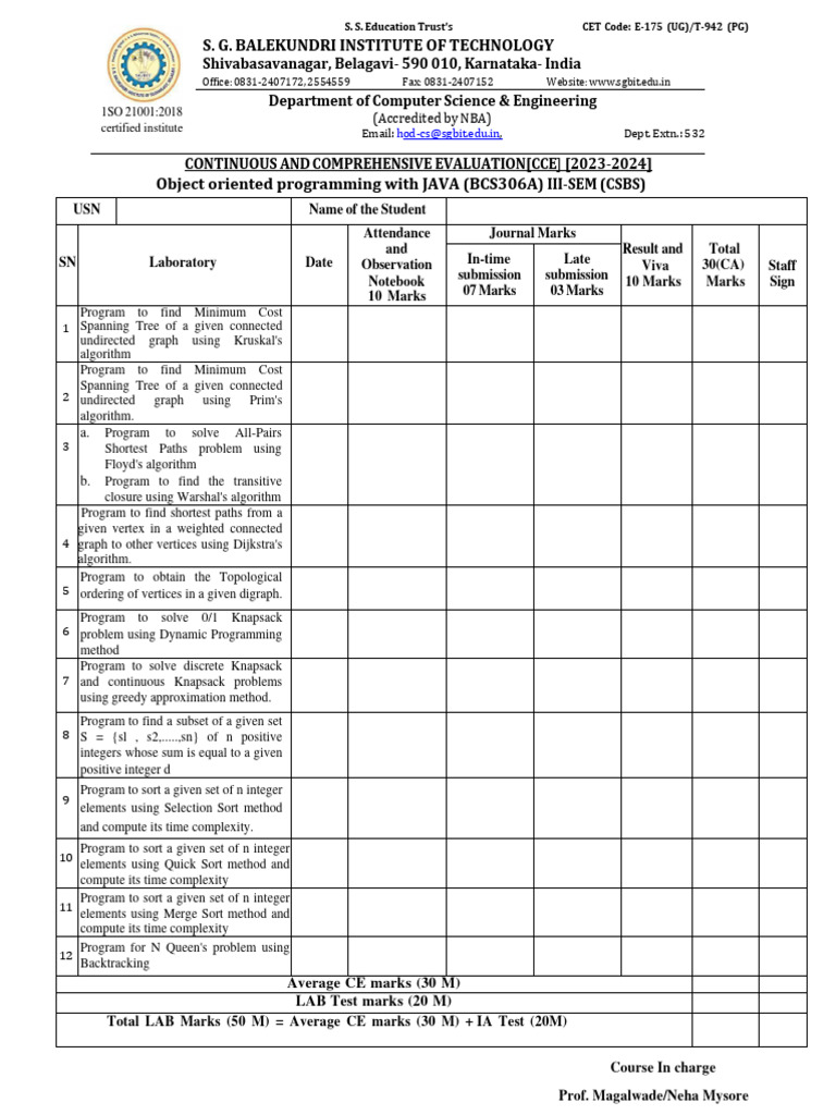 Continuous Evaluation Sheet - ADA | PDF | Computational Complexity Theory | Combinatorics