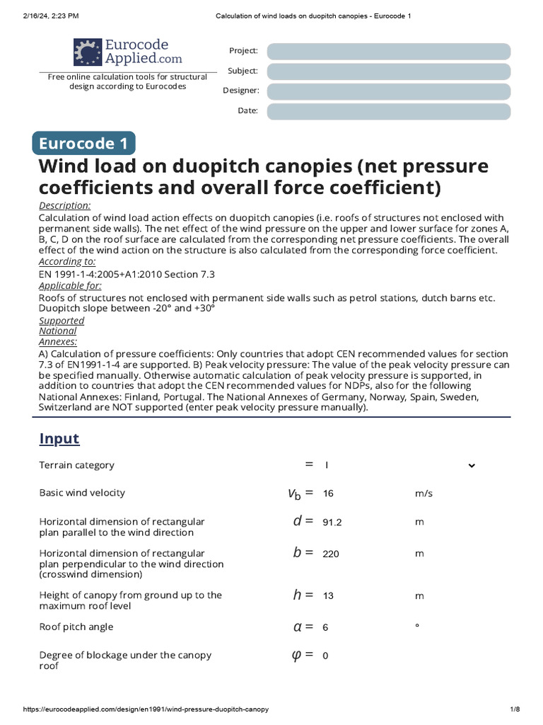 Calculation of Wind Loads On Duopitch Canopies - Eurocode 3 | PDF ...