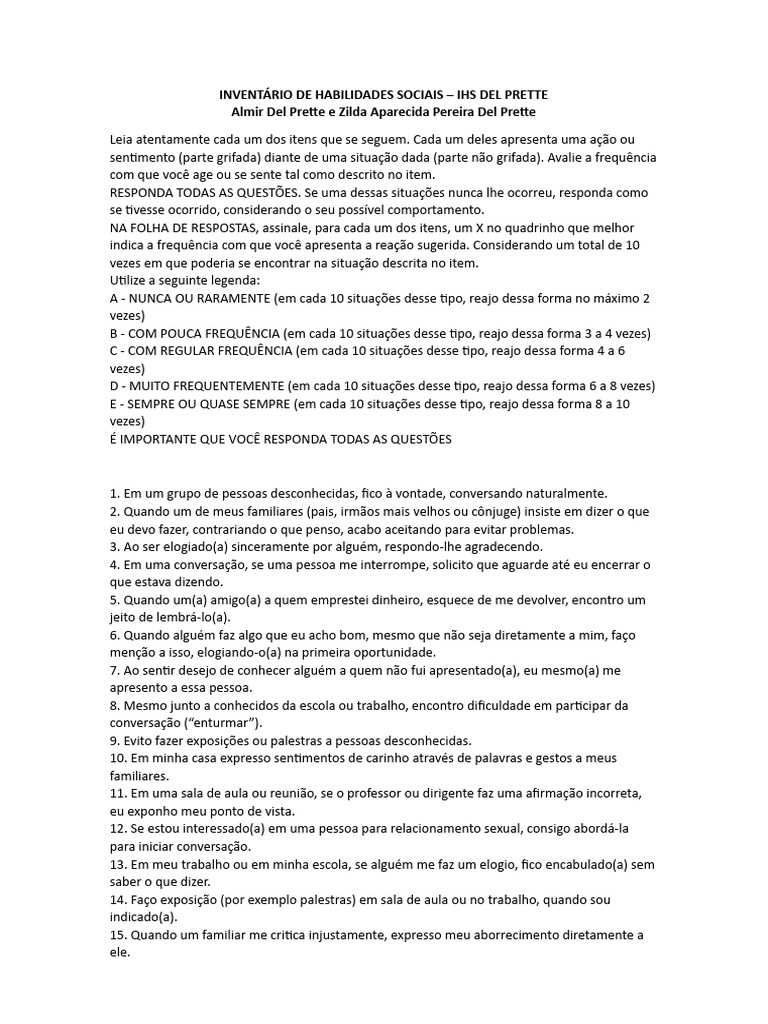 Inventário de Habilidades Sociais - Ihs Del Prette | PDF