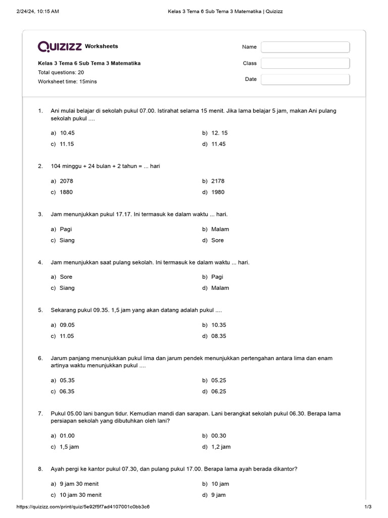 Kelas 3 Tema 6 Sub Tema 3 Matematika - Quizizz | PDF