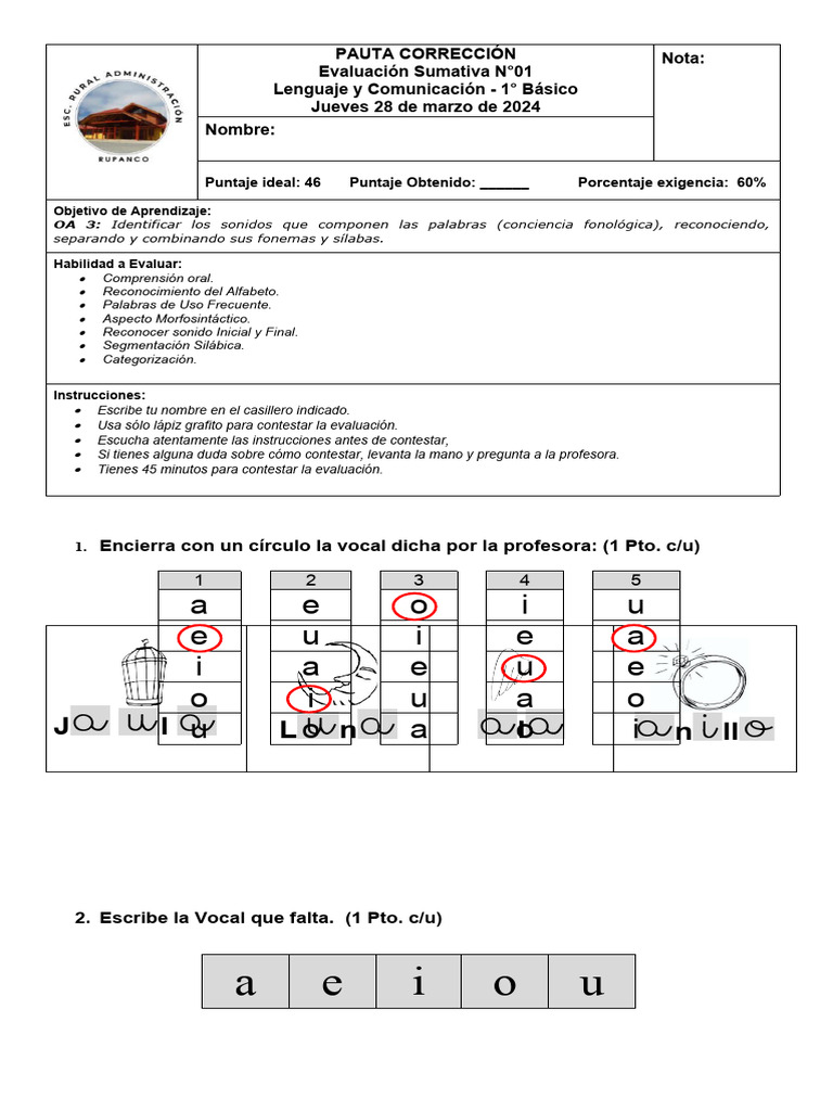 Evaluación Fonológica 1° Básico | PDF | Vocal | Voz humana