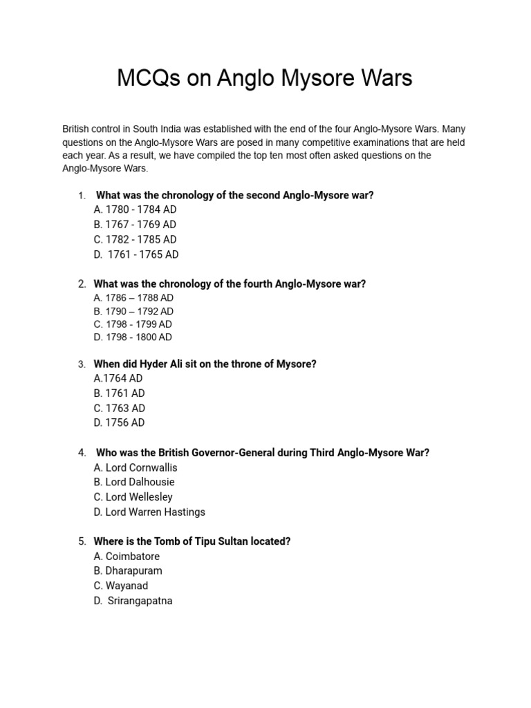 MCQs On Anglo Mysore Wars | PDF