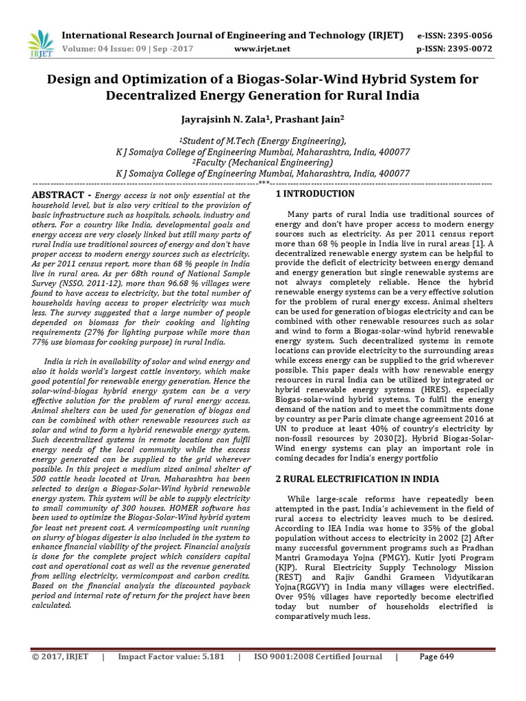 Biogas-Solar-Wind Hybrid Energy System | PDF | Climate Change ...