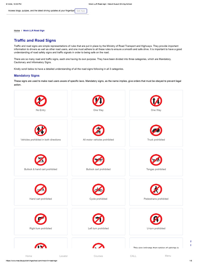 Mock LLR Road Sign - Maruti Suzuki Driving School | PDF | Traffic | Road