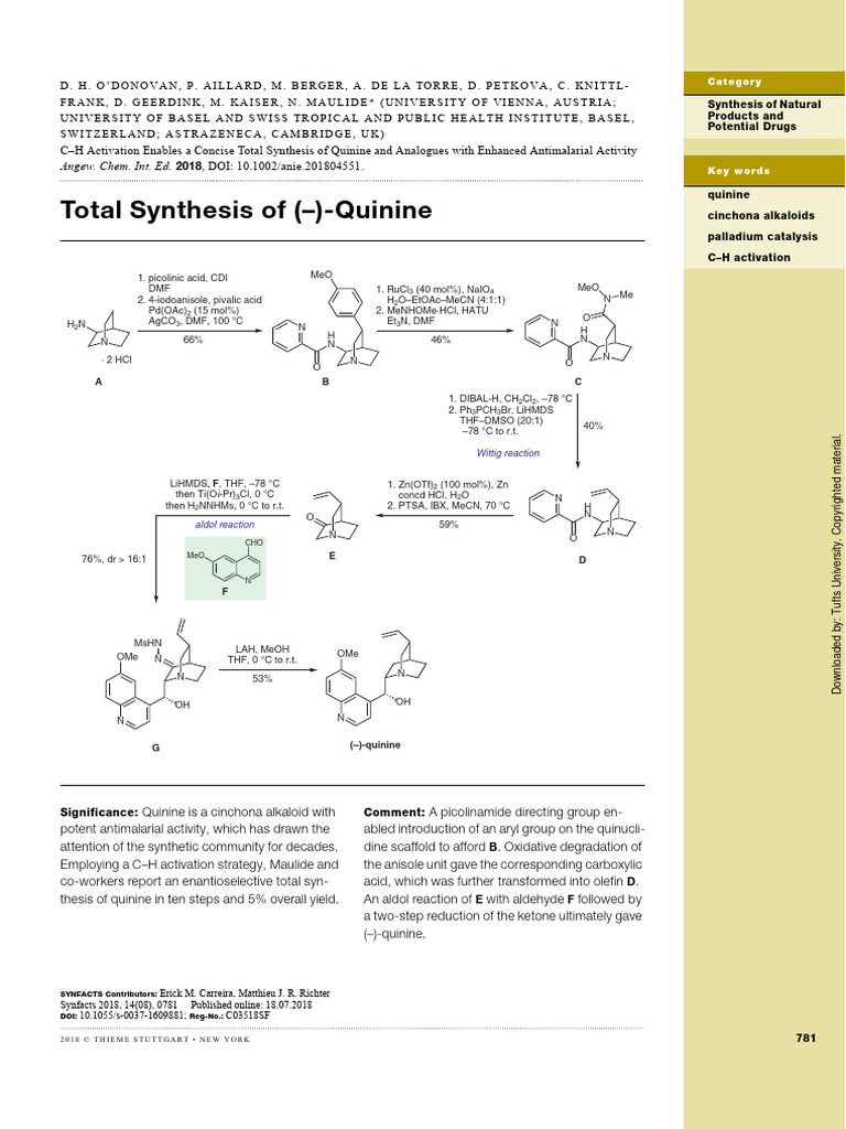 Total Synthesis of Quinine 2018 | PDF | Organic Reactions | Chemical ...