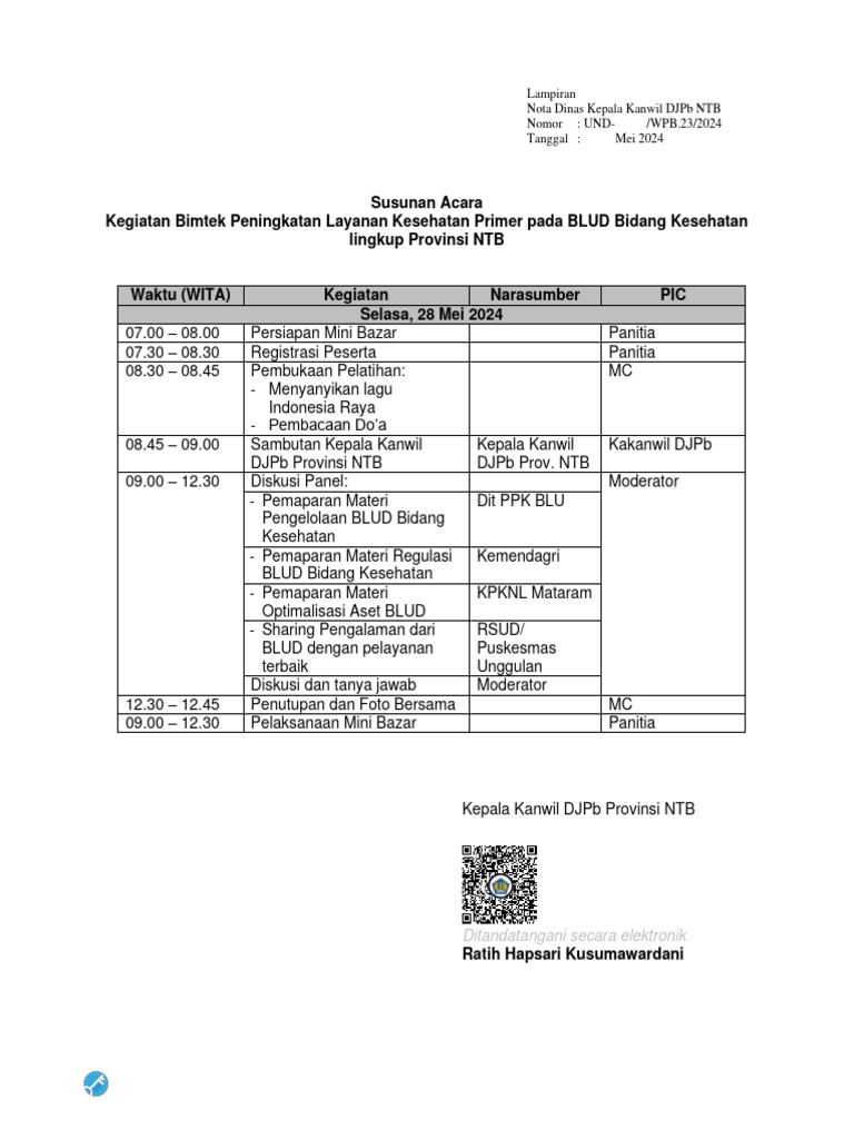 Susunan Acara Bimtek BLUD 28 Mei 2024 PDF | PDF