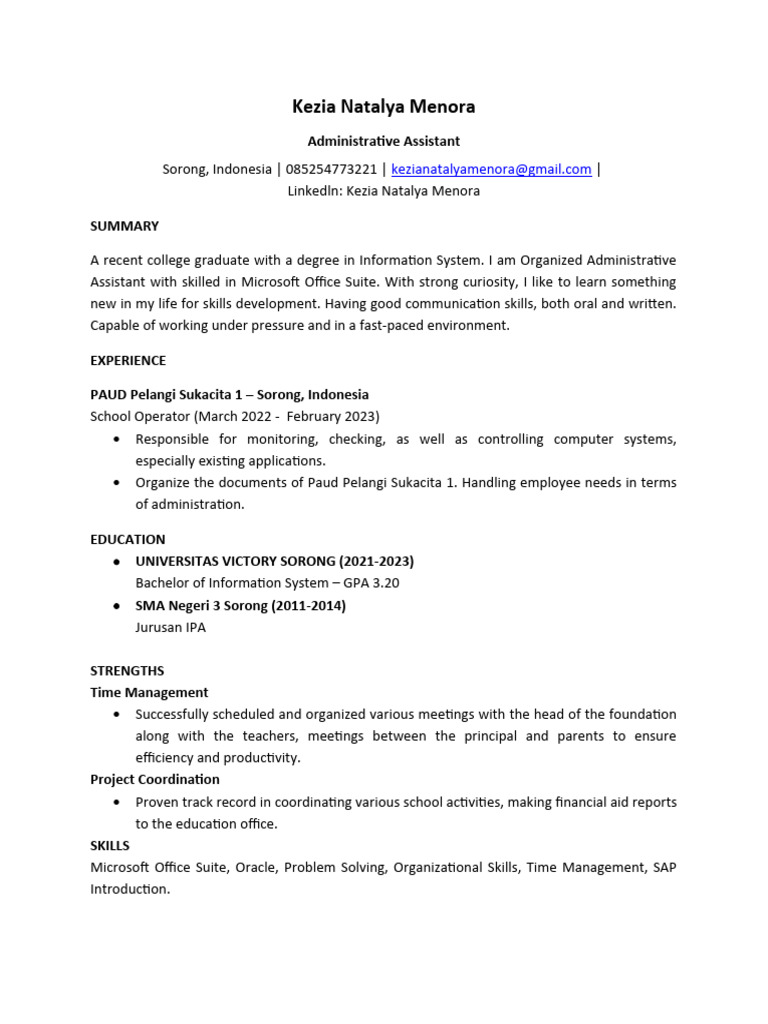 Kezia Natalya Menora CV (ENG) | PDF
