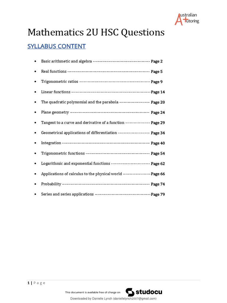 2 UNit HSC Questions by Topic | PDF | Tangent | Derivative