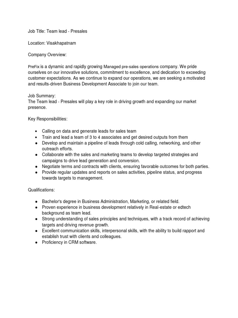 JD of Team Lead - Pre Sales | PDF | Employment | Sales