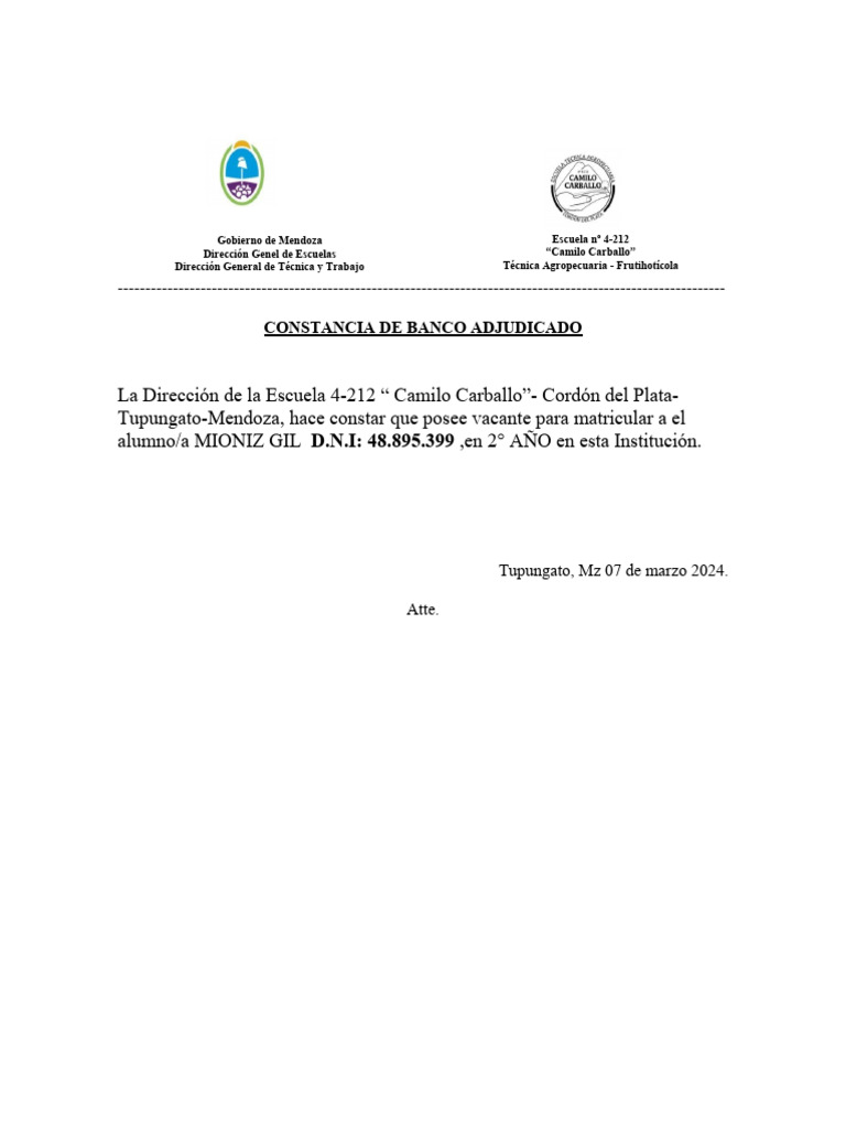 Constancia de Banco Adjudicado | PDF
