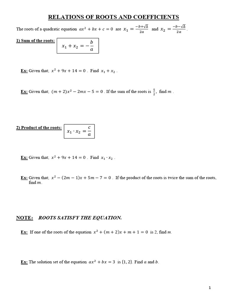 3 Relations of Roots and Coefficients | PDF | Quadratic Equation | Zero Of A Function