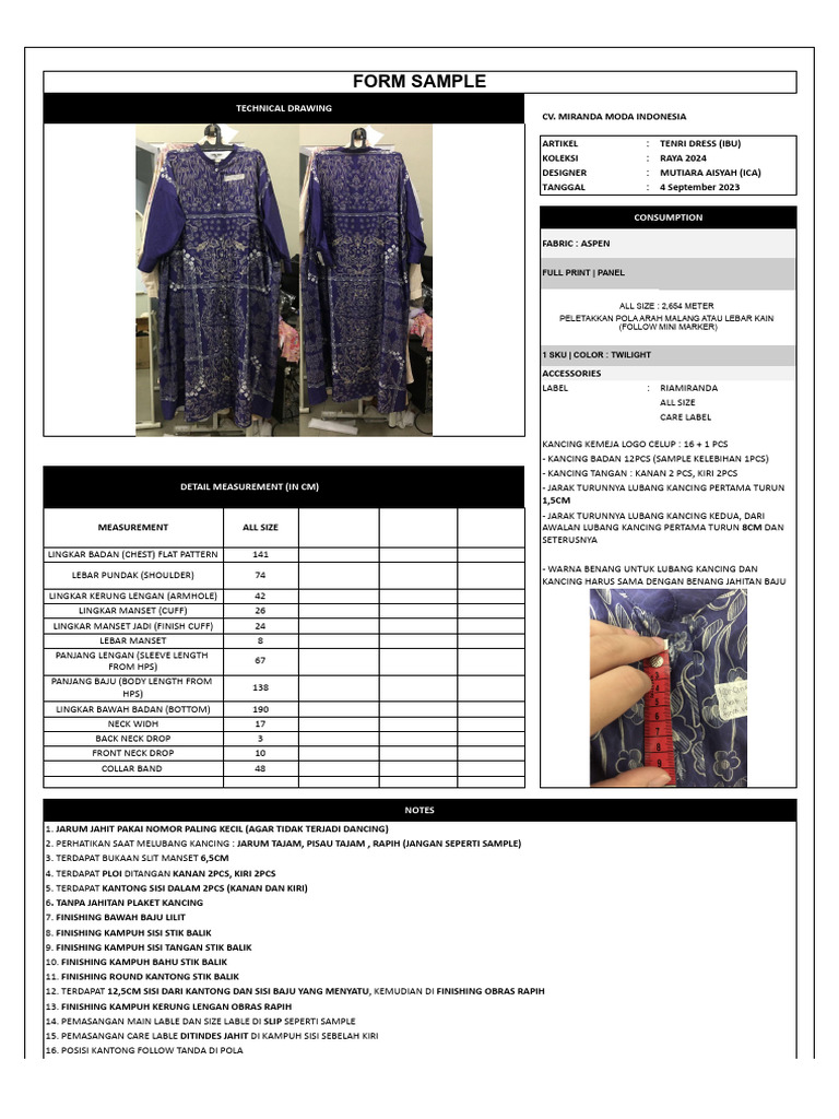 Form Sample Raya 2024 - Tenri Dress Ibu | PDF