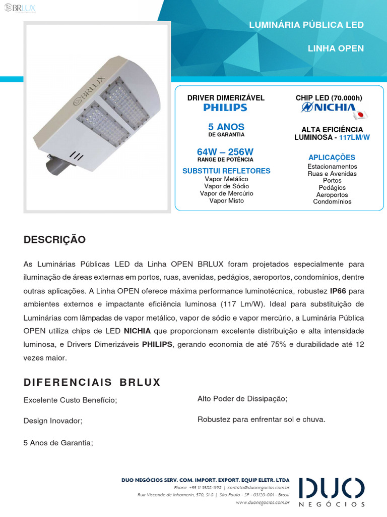 Luminária Pública LED Linha OPEN BRLUX | PDF | Iluminação | Componentes ...