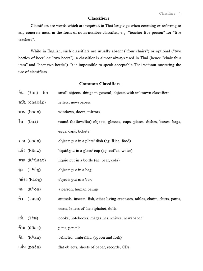 Thai Classifiers and Usage | PDF