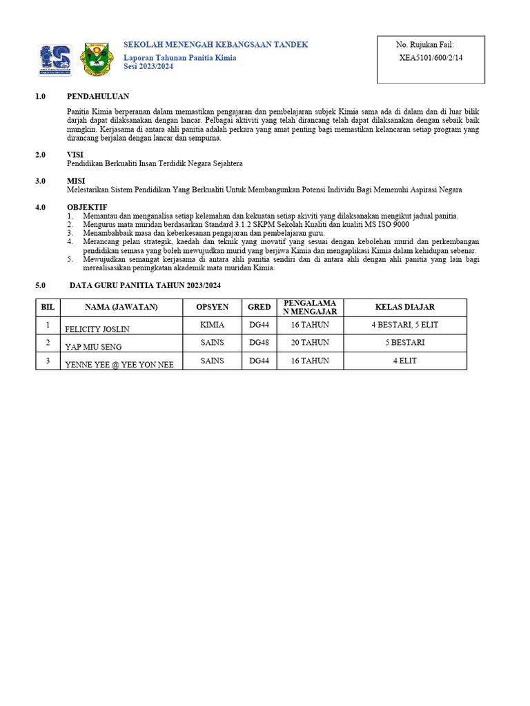 Laporan Tahunan Panitia Kimia 2023 2024 | PDF