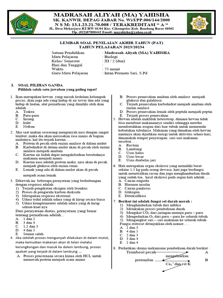 Soal Biologi Xi Semester 2 | PDF