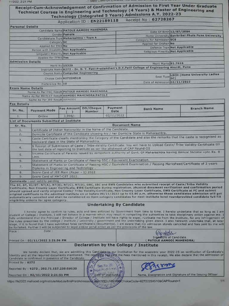 Engineering Admission Confirmation | PDF