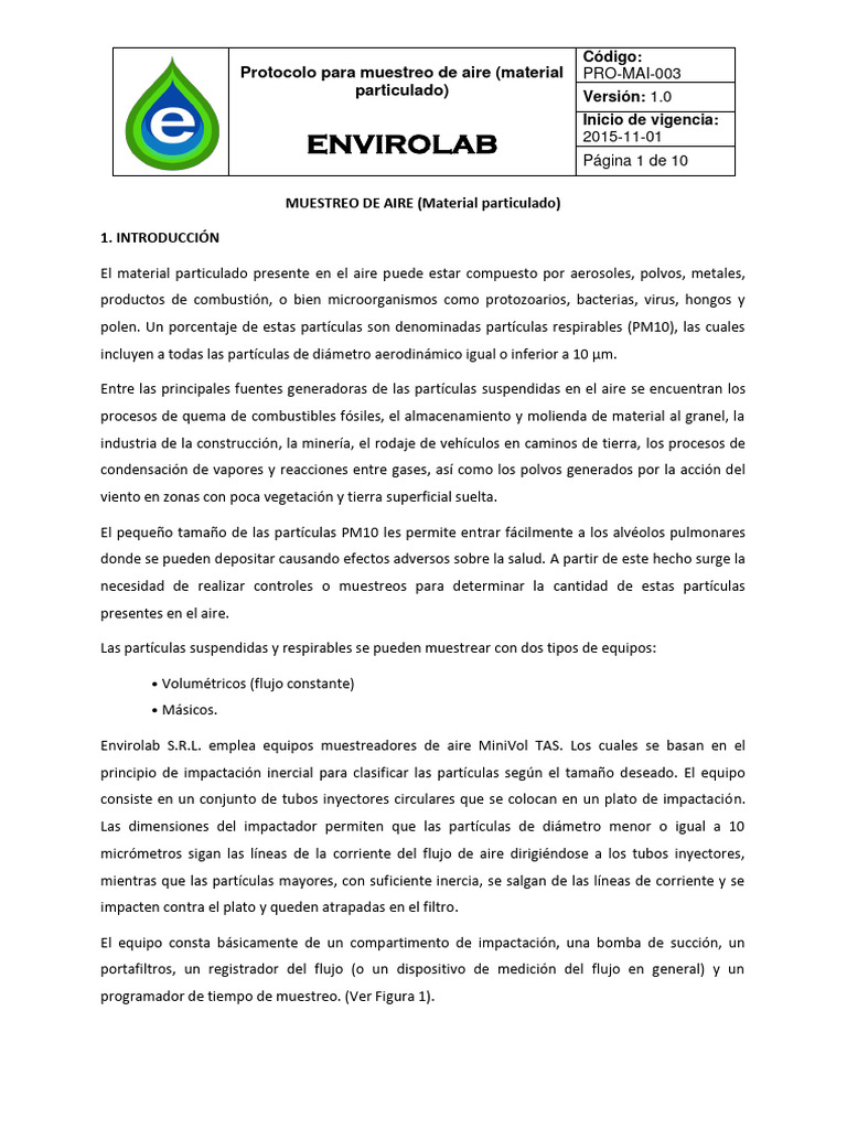 Protocolo Monitoreo de Aire ENVIROLAB | PDF | Aerosol | Naturaleza