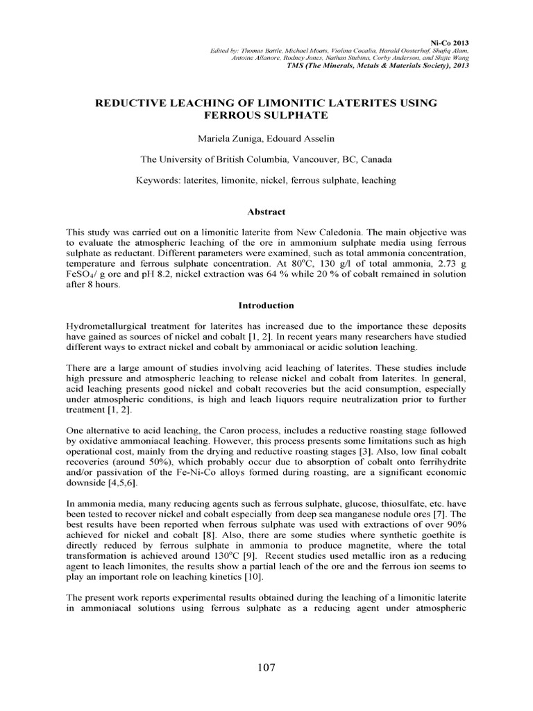 Reductive Leaching of Limonitic Laterite | PDF | Nickel | Ammonia