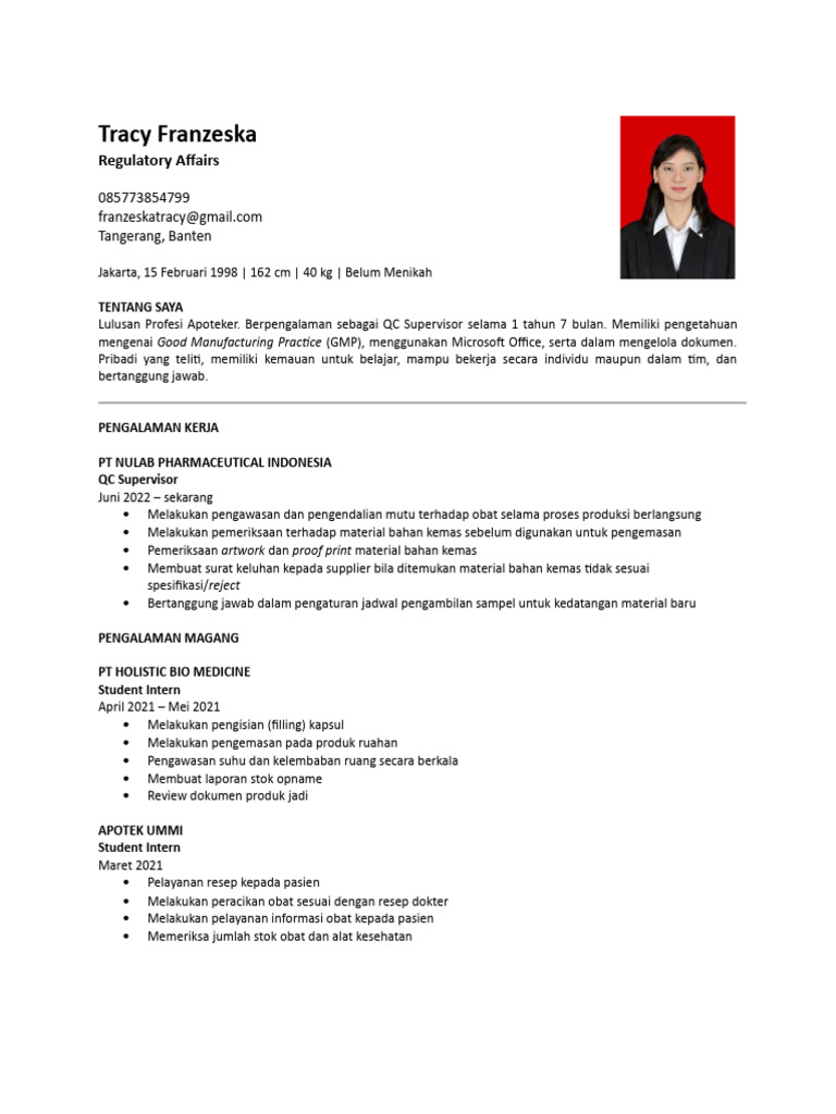 CV Tracy Franzeska | PDF | Bisnis | Kesehatan Holistik
