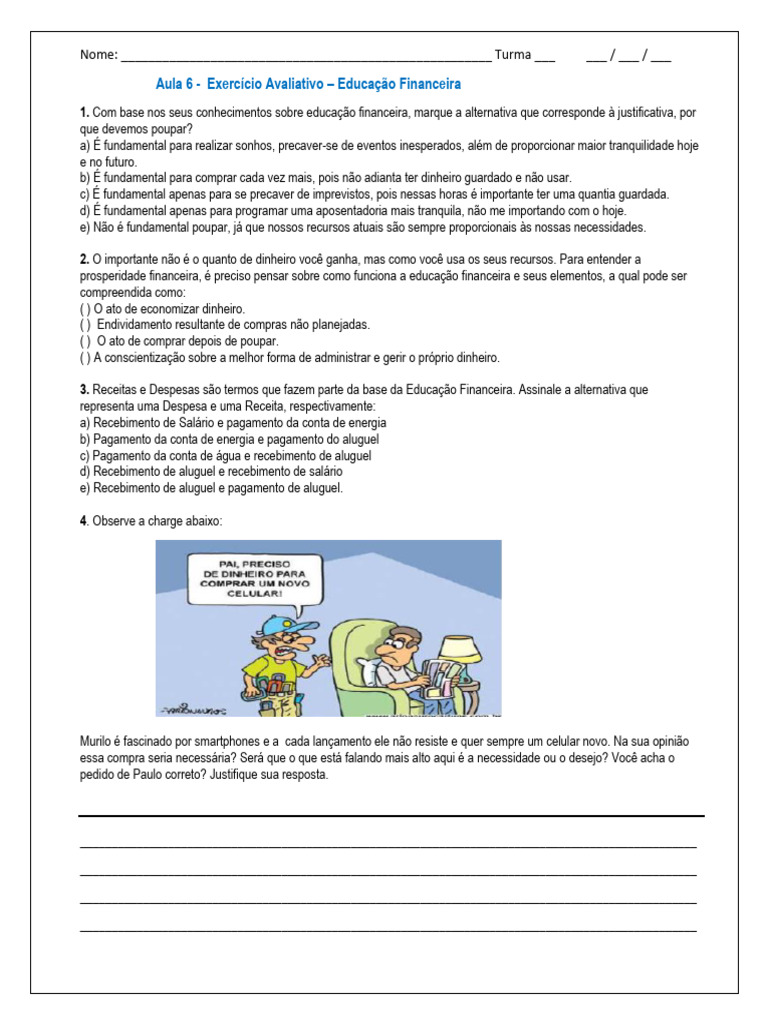 Exercício de Educação Financeira: Poupança e Gastos | PDF