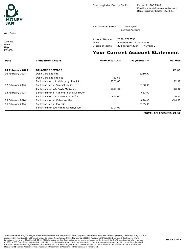 My Money Jar Account Statement February 2024 | PDF | Wire Transfer | Debit Card