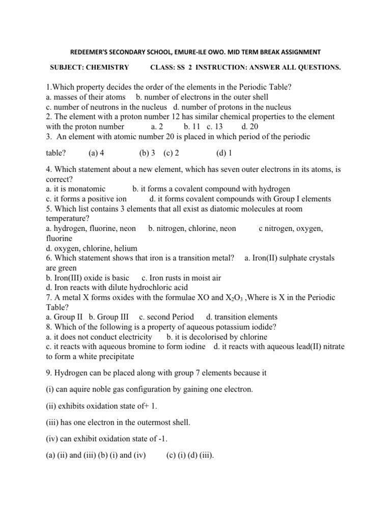 SS2 Chemistry Ass For The M.T Break | PDF | Redox | Chemical Compounds