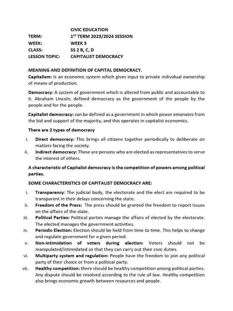 CIVIC EDU SS2LESSON NOTE WK 3 | PDF | Capitalism | Democracy