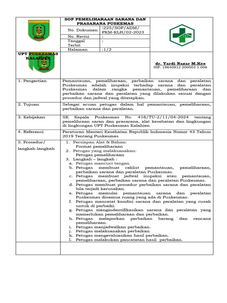 1463 Sop-Pemeliharaan-Sarana-Dan-Prasarana-Puskesmas | PDF