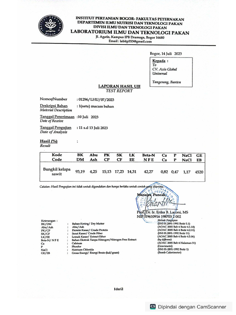 Hasil Uji Lab Bungkil Sawit - CV Axis Global Universal - Lap IPB 14-07 ...
