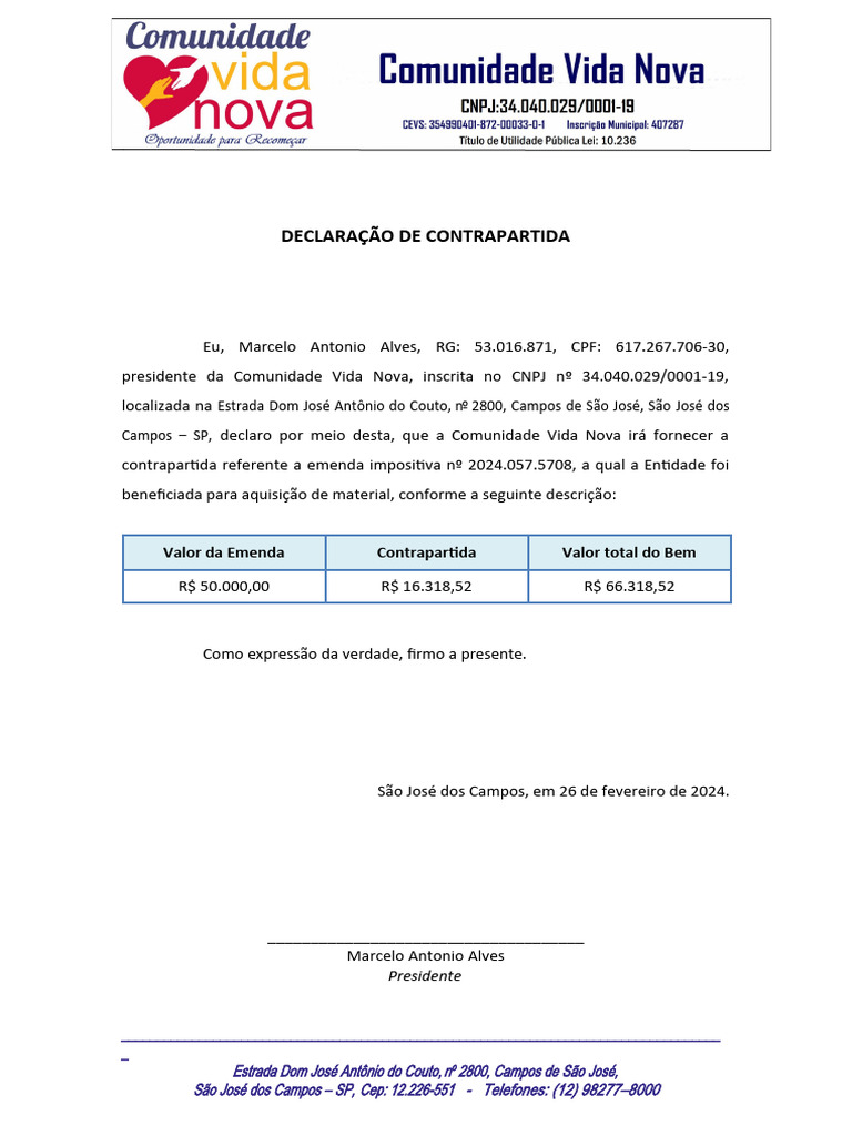 Declaração de Contrapartida da Comunidade | PDF